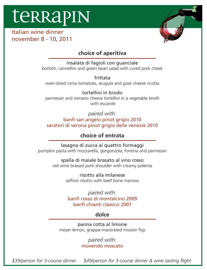Italian Wine Dinner - Terrapin Restaurant